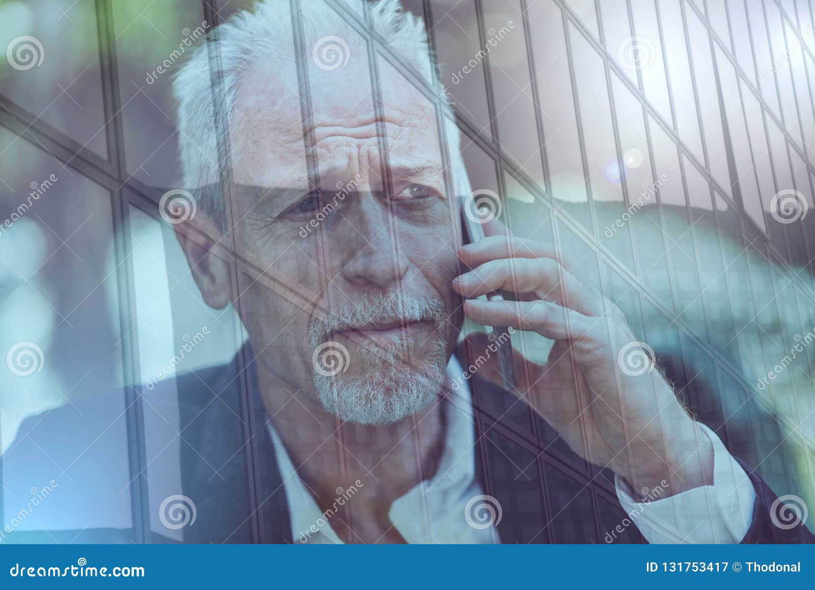 Mature Man Using His Mobile Phone, Light Effect, Double Exposure Stock ...