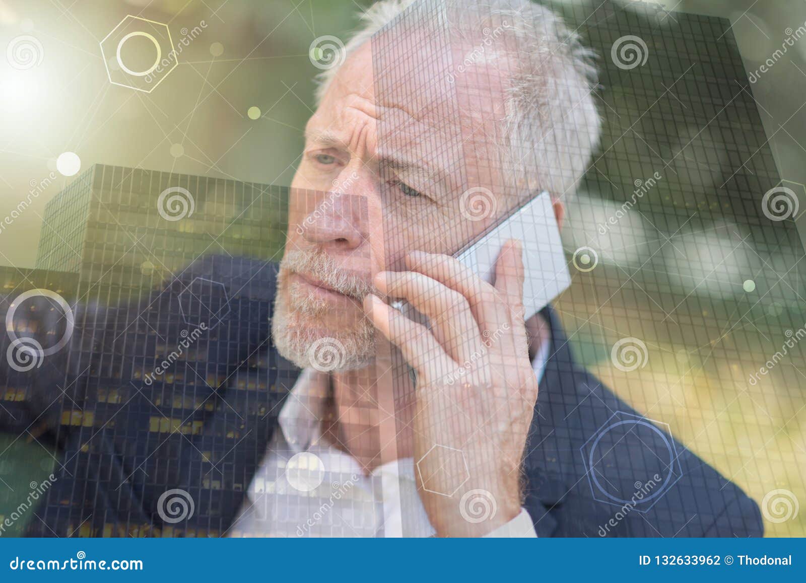 Mature Man Using His Mobile Phone, Light Effect, Double Exposure Stock ...