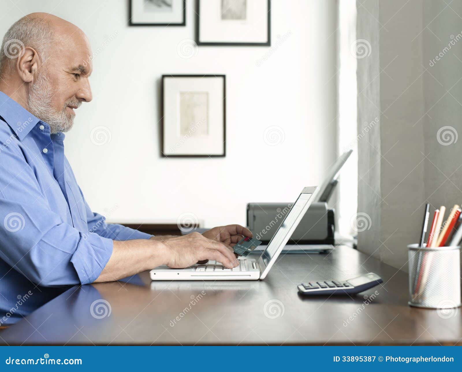 Mature Man Using Laptop at Study Table Stock Image - Image of leisure ...