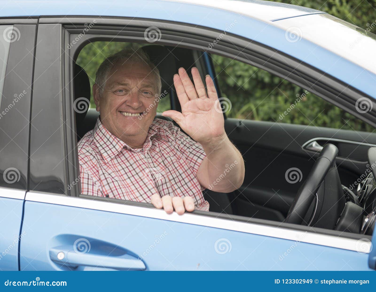 Mature Man Waving from His Car Window. Stock Image - Image of ...