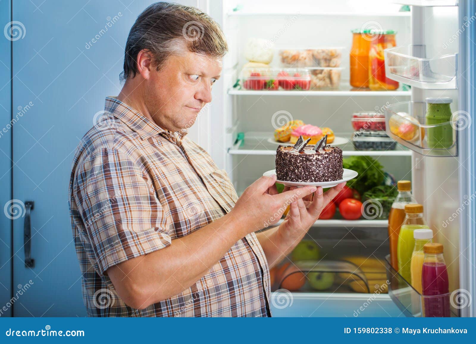 Mature Men at Fridge with Food Stock Photo - Image of highcalorie, care ...