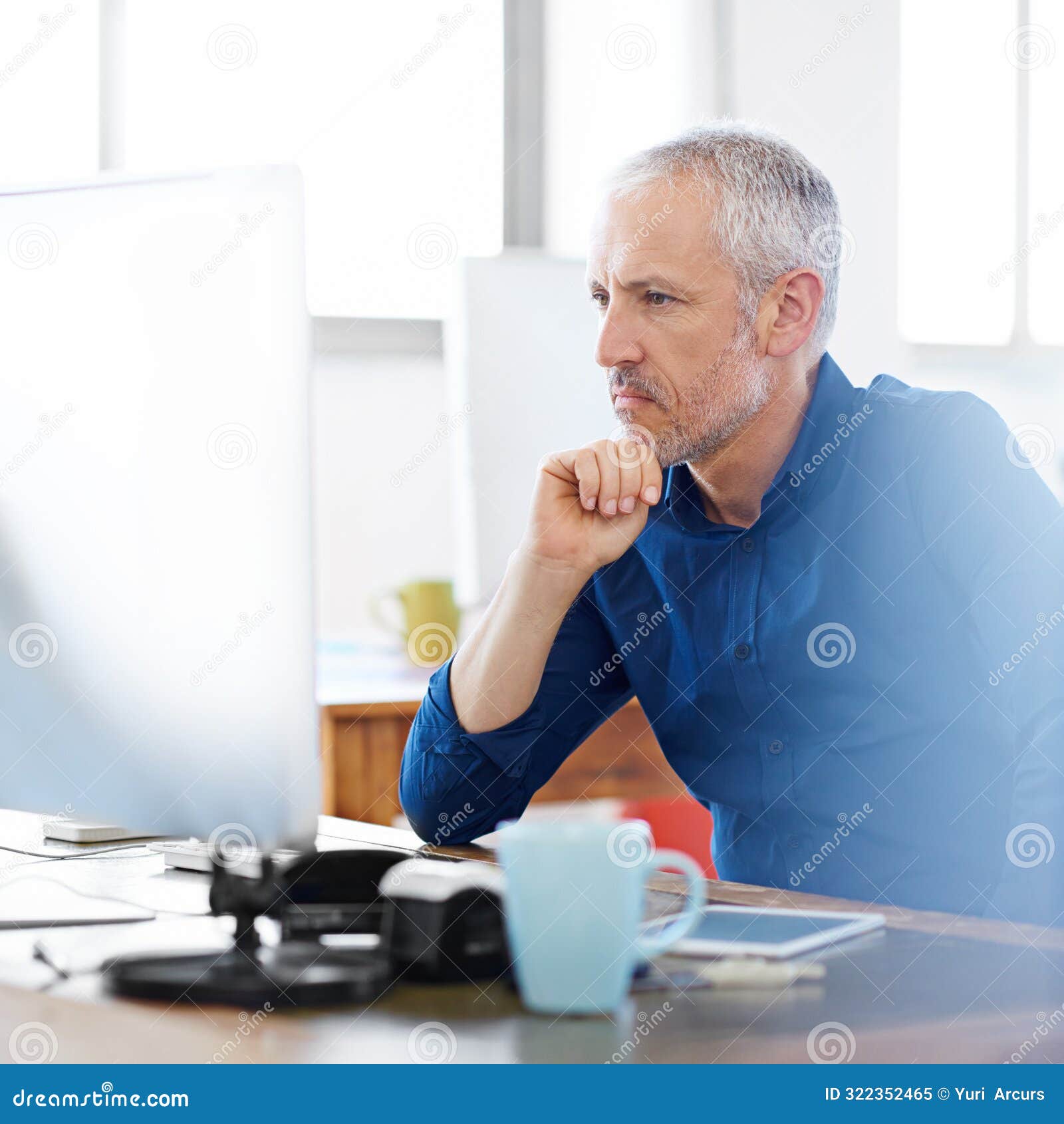 Mature, Thinking or Man on Computer for Solution, Problem Solving or Online Project ...