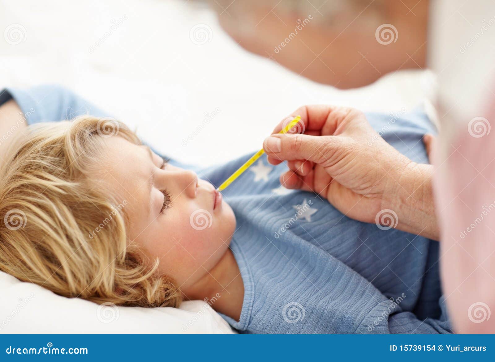 Mature Woman Checking Temperature of Sick Boy Stock Photo - Image of ...