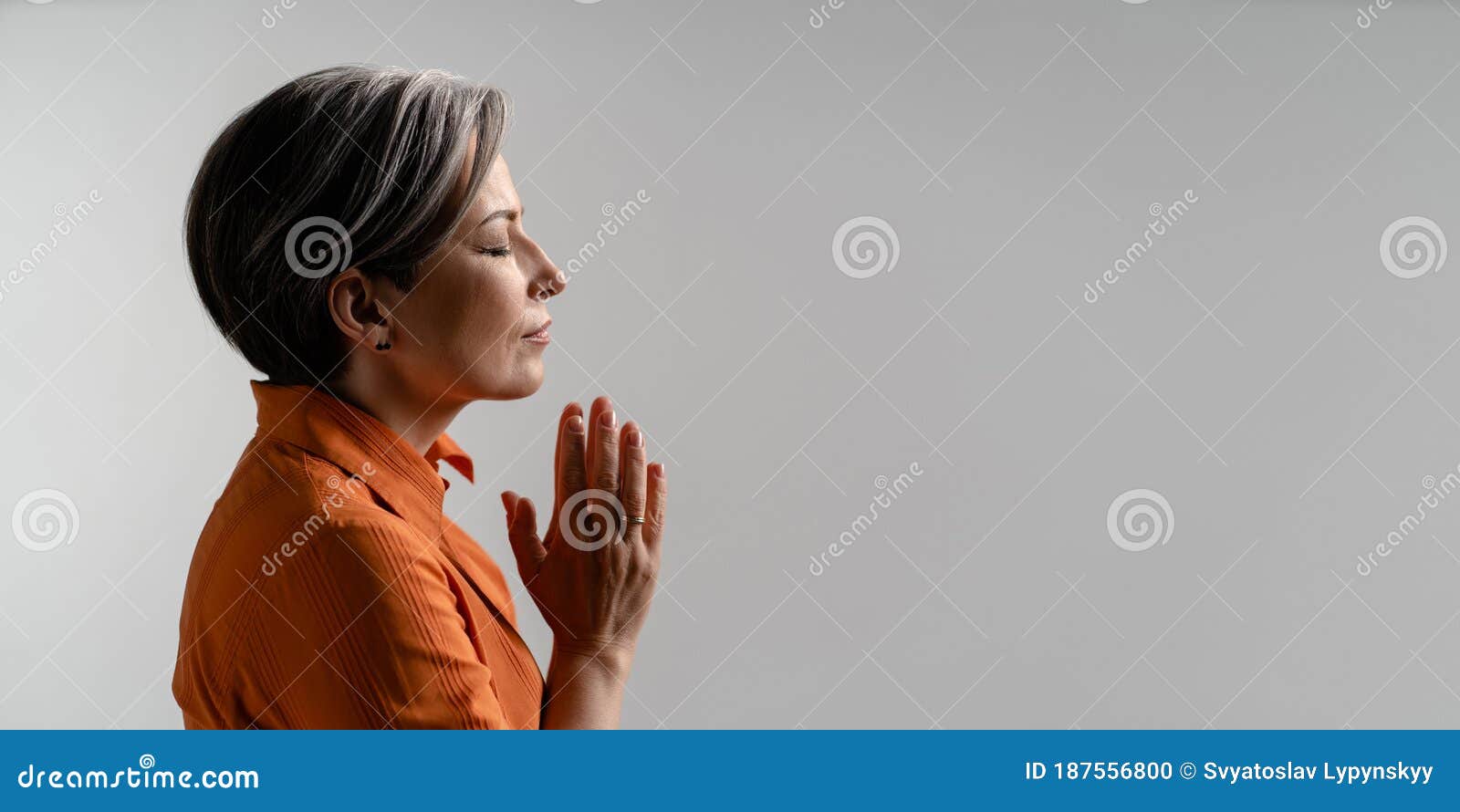 Mature Woman Folded Hands For Prayer Spiritual Caucasian Woman Closed