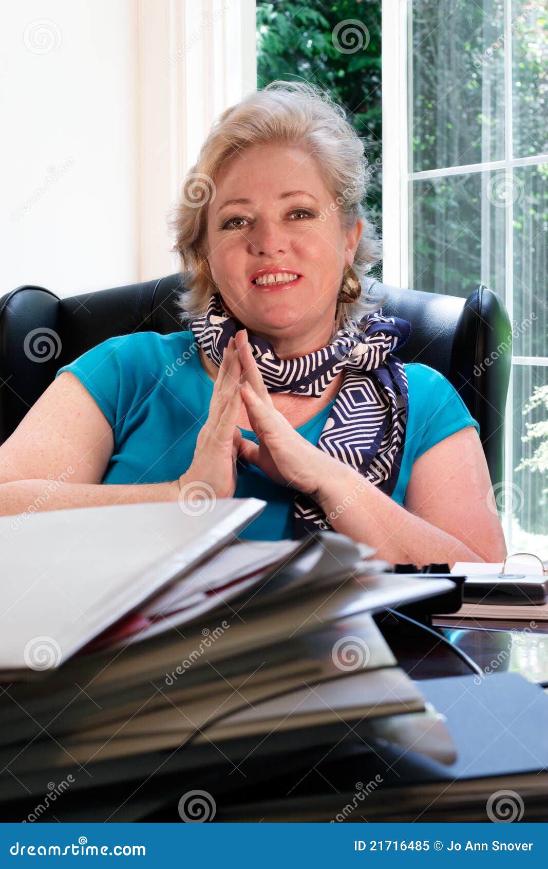 Mature Woman at Her Desk, Smiling Stock Image - Image of comfort ...