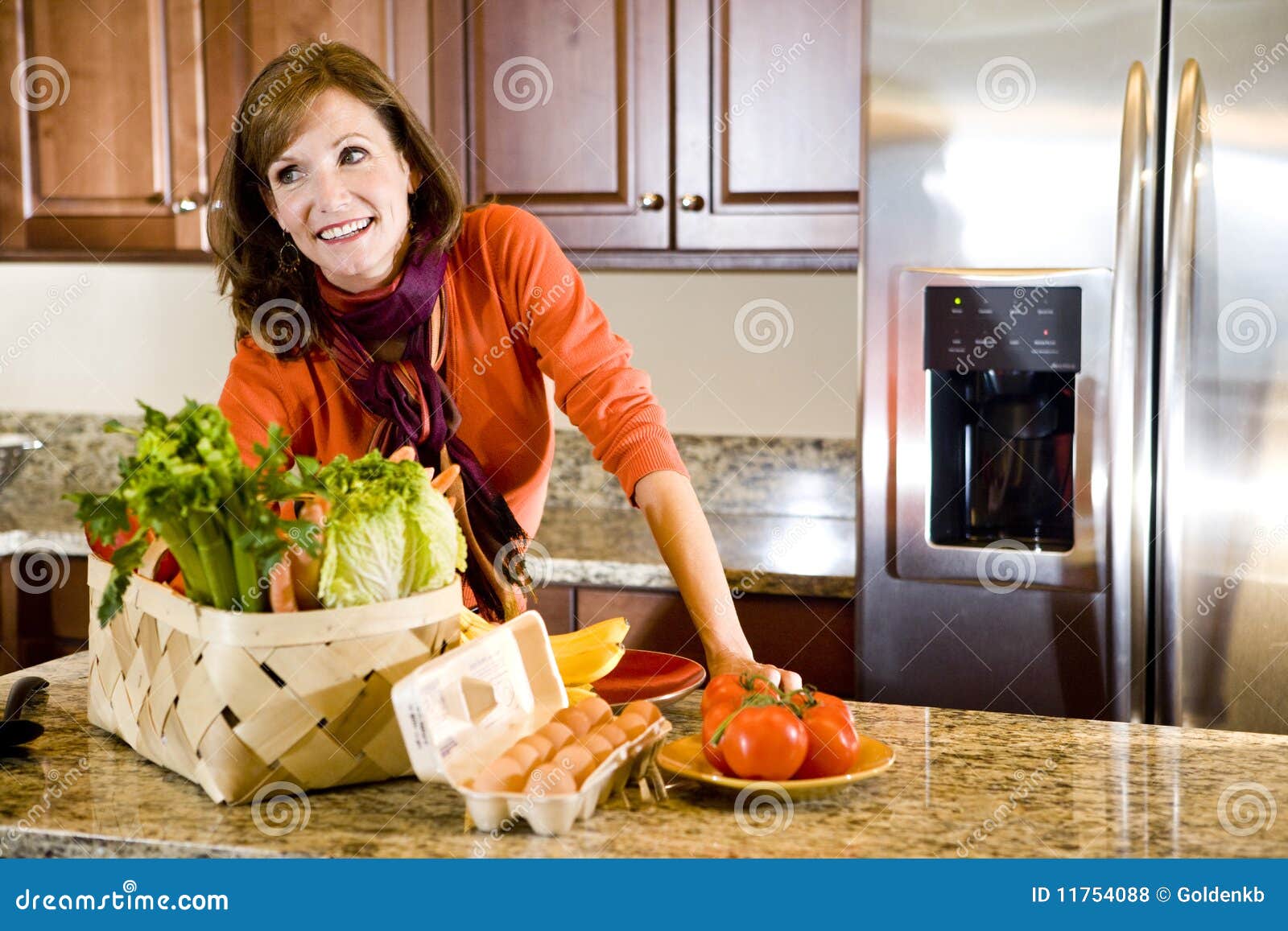 Mature Woman in Kitchen with Fresh Ingredients Stock Photo - Image of ...
