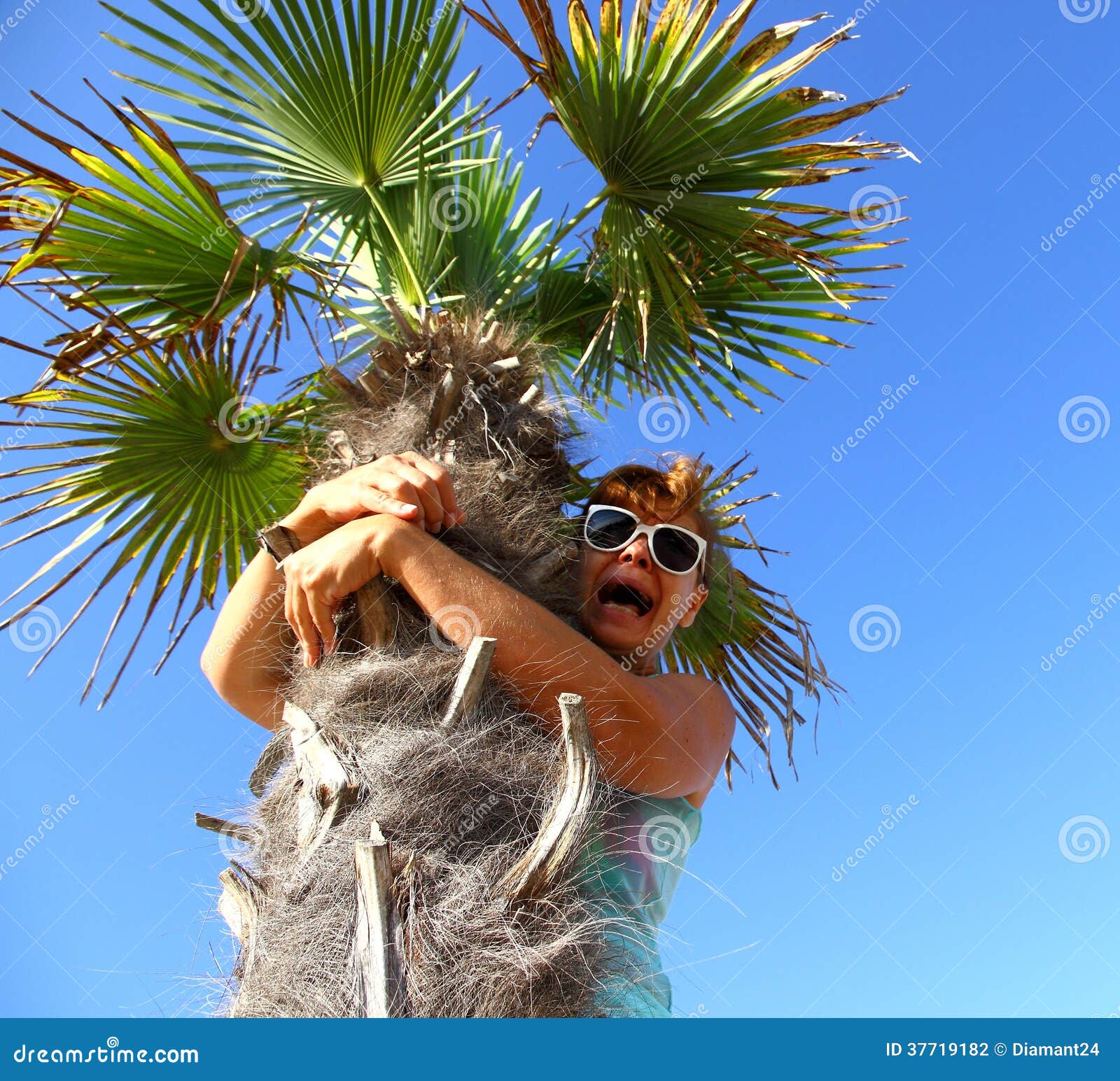 Mature Woman Sits on Palm Tree, Scared Stock Photo - Image of anger ...