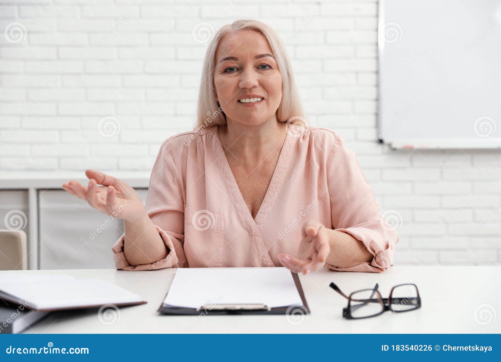 Woman Using Video Chat in Office, View from Web Camera Stock Photo ...