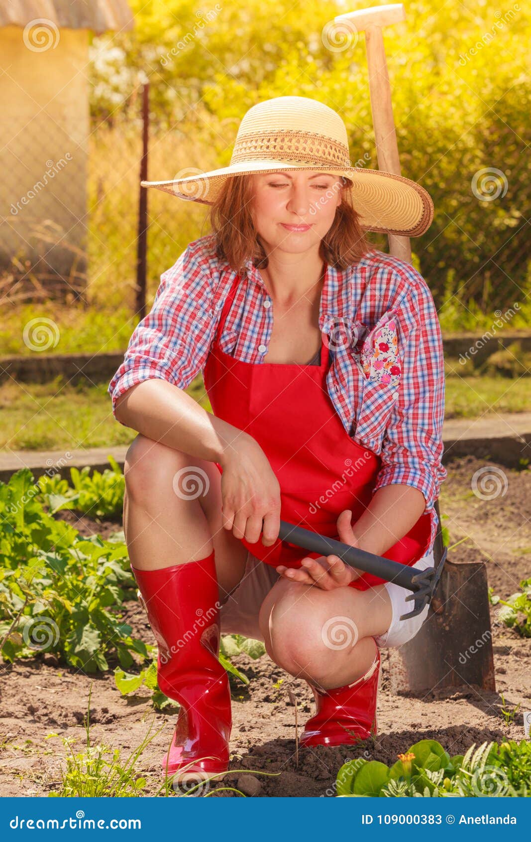 Woman With Gardening Tool Working In Garden Stock Image Image Of