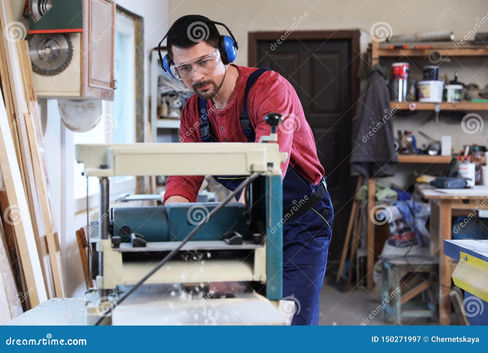 Mature Working Man Using Thickness Planer Stock Image - Image of mature ...
