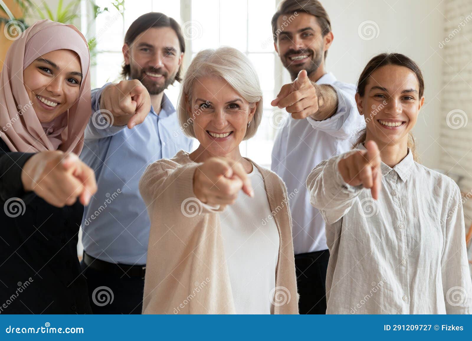 Mature and Young Staff Pointing Finger at Camera Choosing You Stock ...