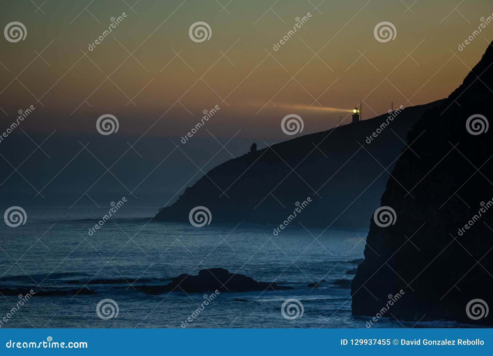 Matxitxako Lighthouse Ray of Light at Dawn Stock Image - Image of ...