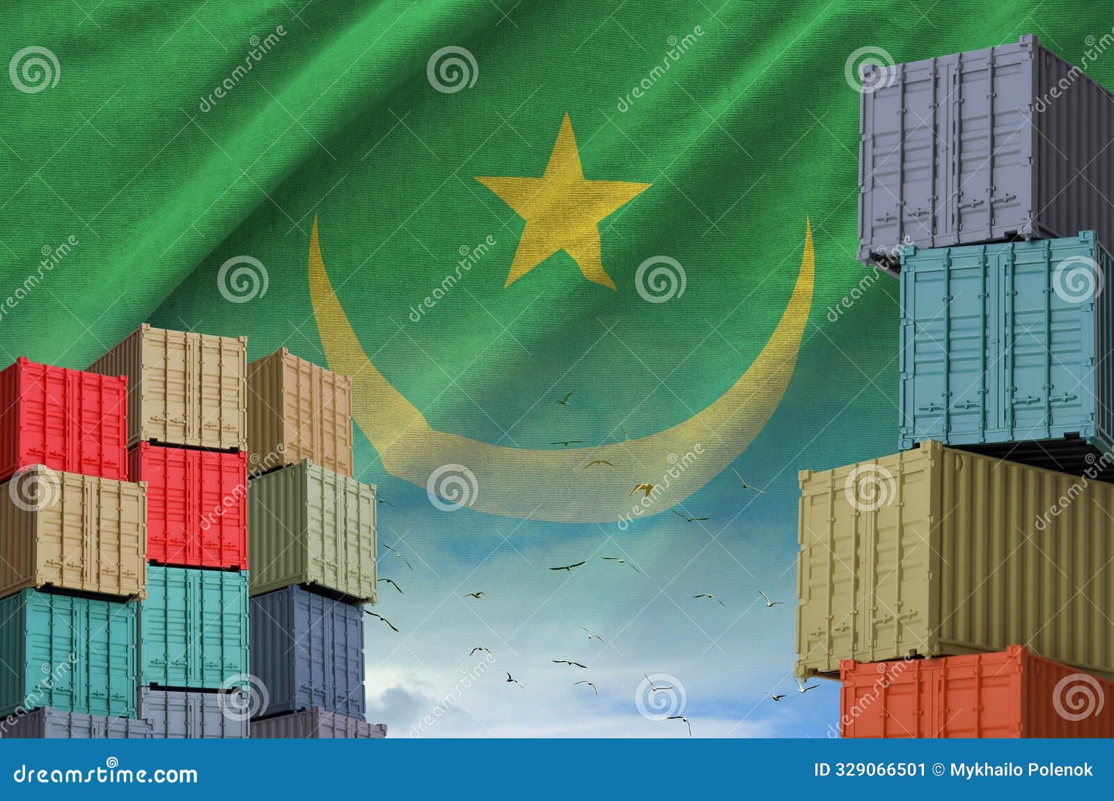 Mauritania Flag and Big Stack of Shipping Cargo Containers in Docks ...