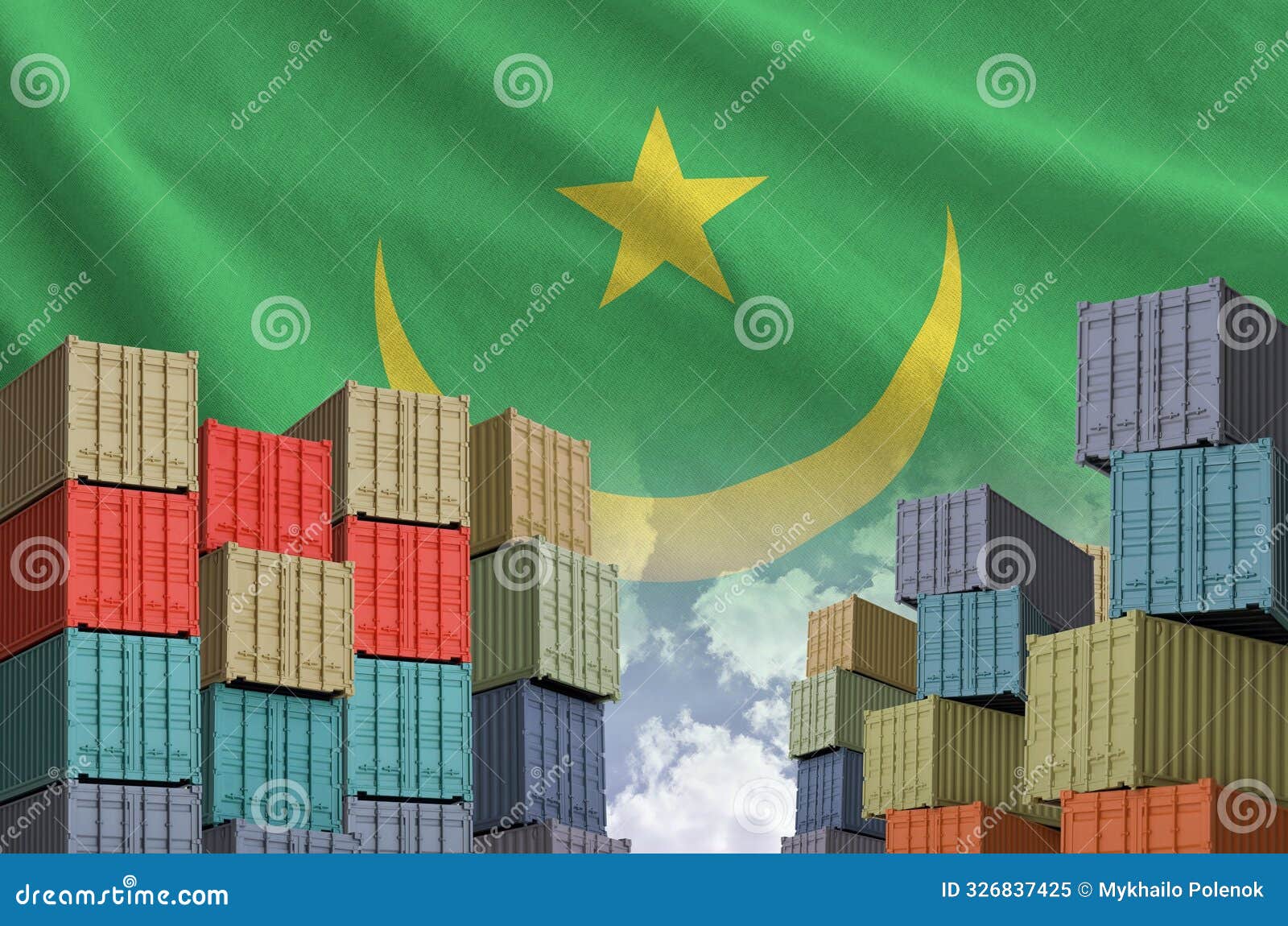 Mauritania Flag and Big Stack of Shipping Cargo Containers in Docks ...