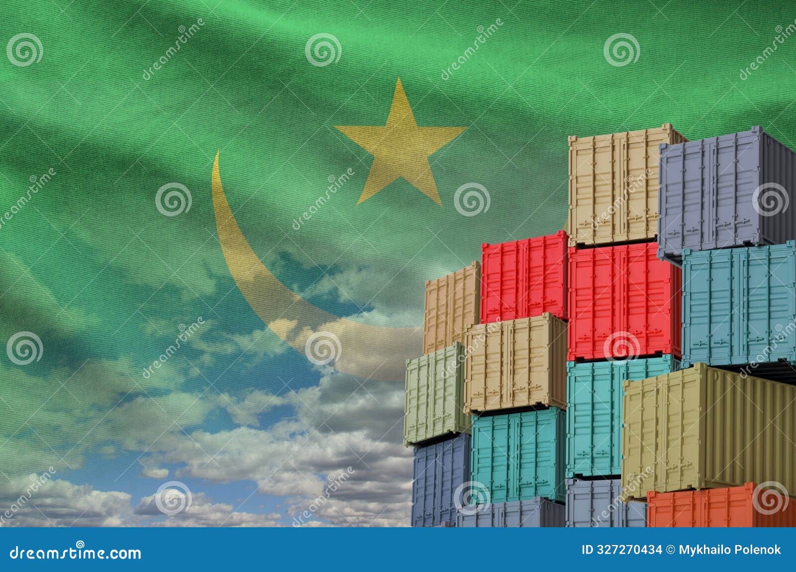 Mauritania Flag and Big Stack of Shipping Cargo Containers in Docks ...
