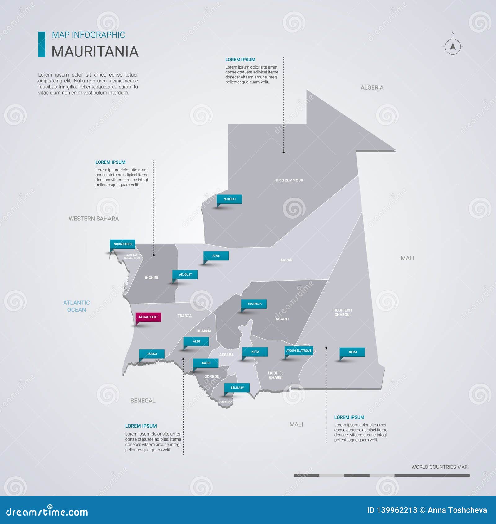 Mauritania Vector Map with Infographic Elements, Pointer Marks Stock ...