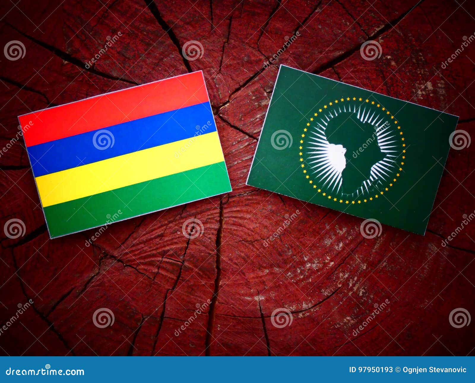 Mauritius Flag with African Union Flag on a Tree Stump Stock Image ...