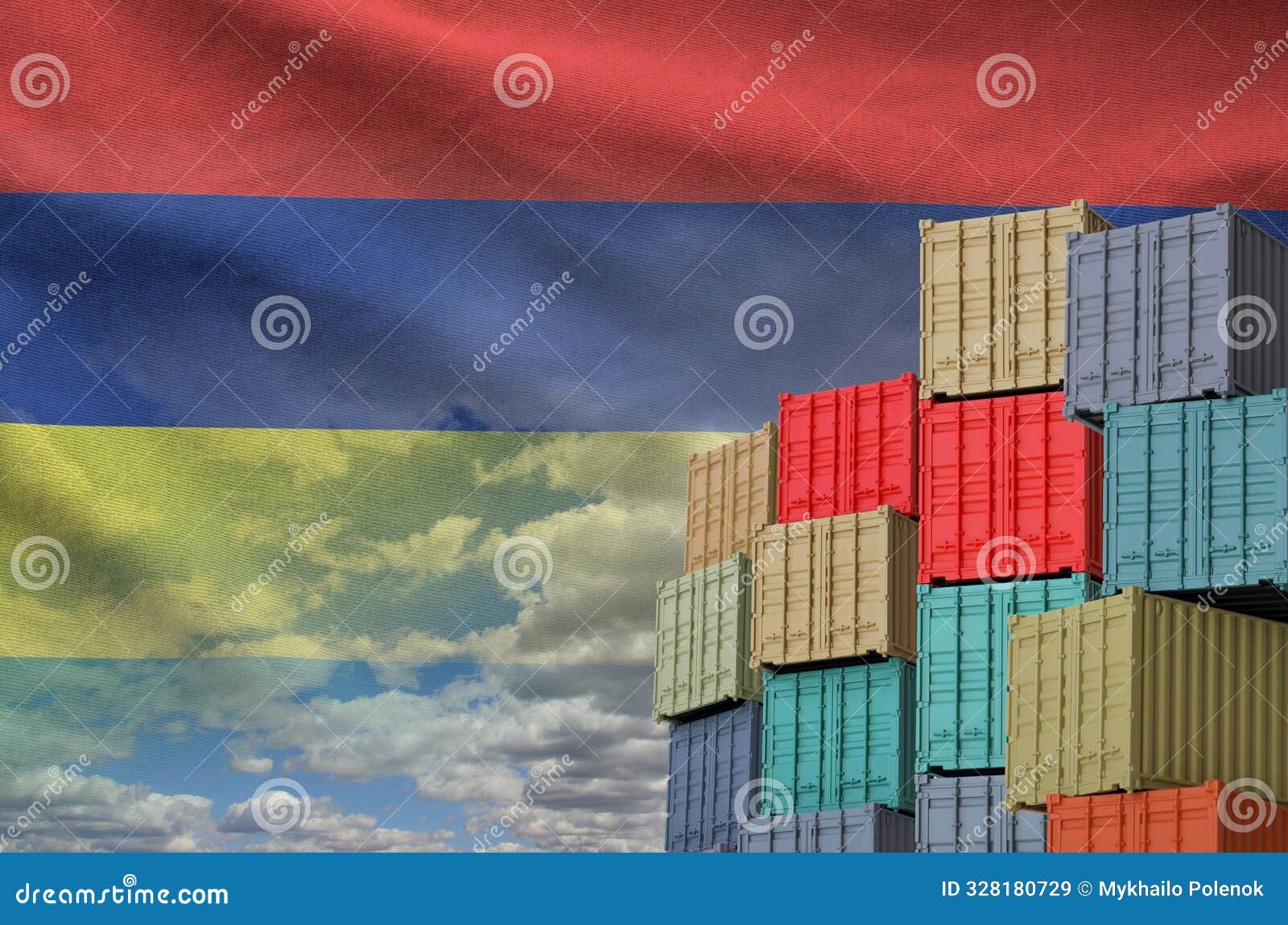 Mauritius Flag and Big Stack of Shipping Cargo Containers in Docks with ...