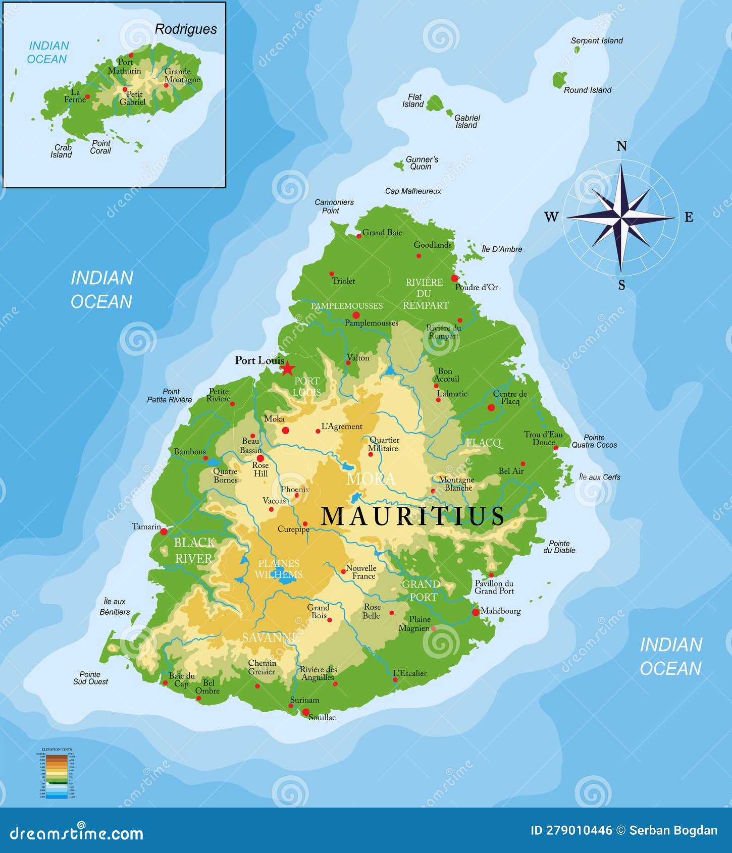 Mauritius Islands Physical Map Stock Vector - Illustration of port ...