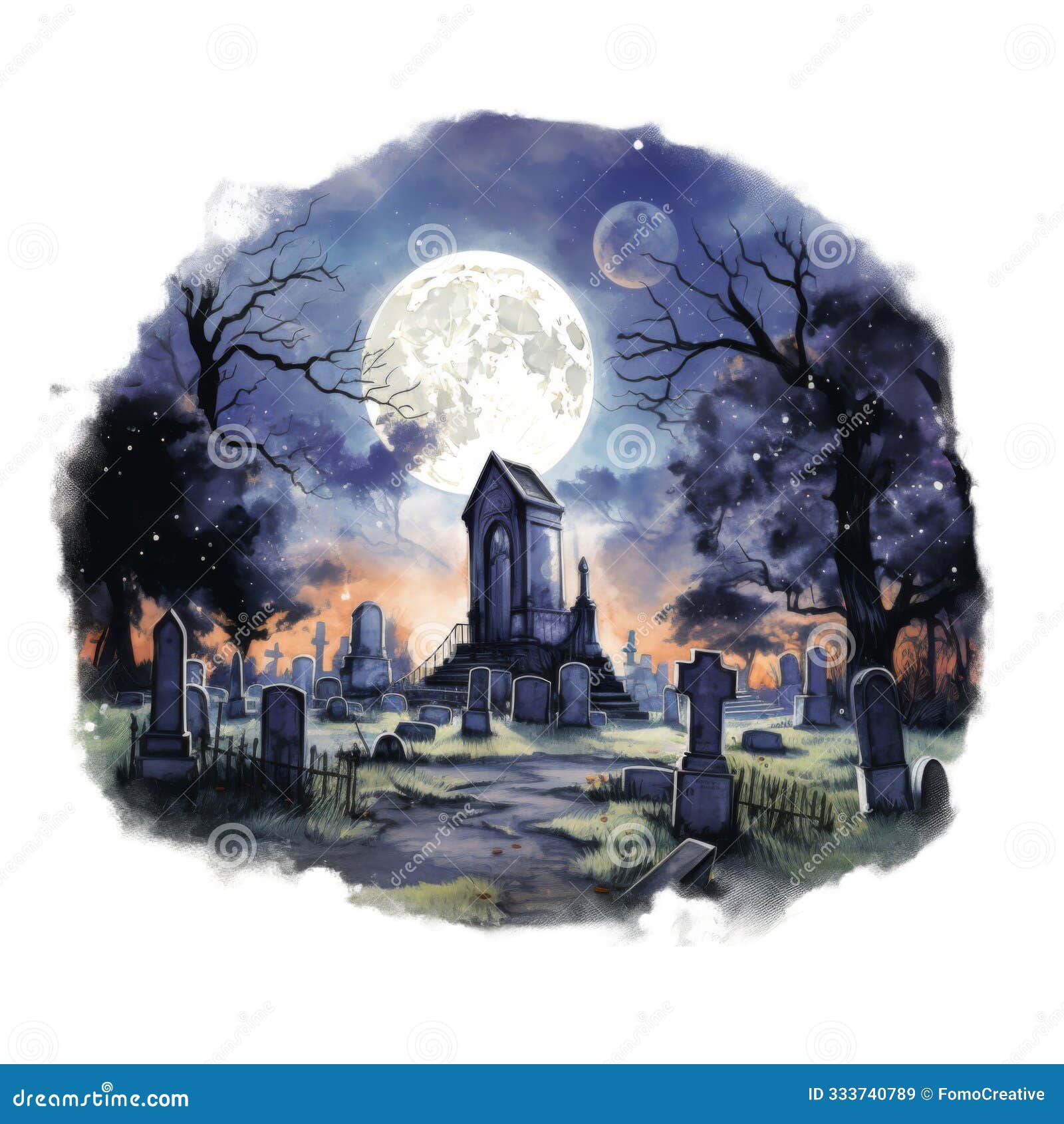 A Mausoleum in a Graveyard Under a Full Moon Stock Illustration ...