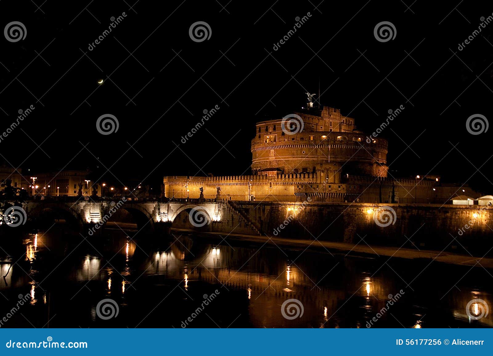 Mausoleum of Hadrian, Moon and the Bridge in the Nighttime Stock Photo ...