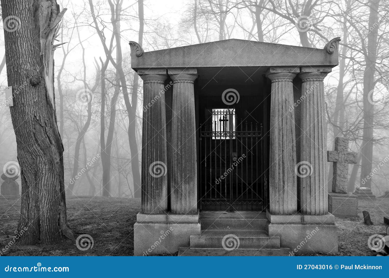 Mausoleum in a Very Foggy Graveyard. Stock Photo - Image of foggy ...