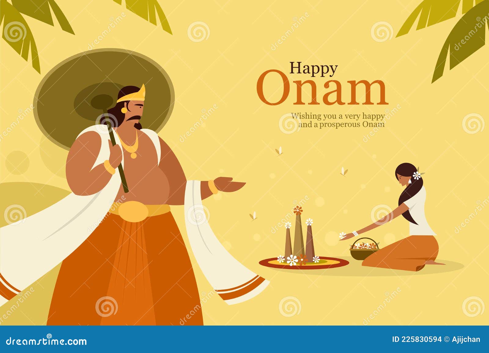 Onam Festival Greeting Background with King Mahabali and a Girl Doing ...