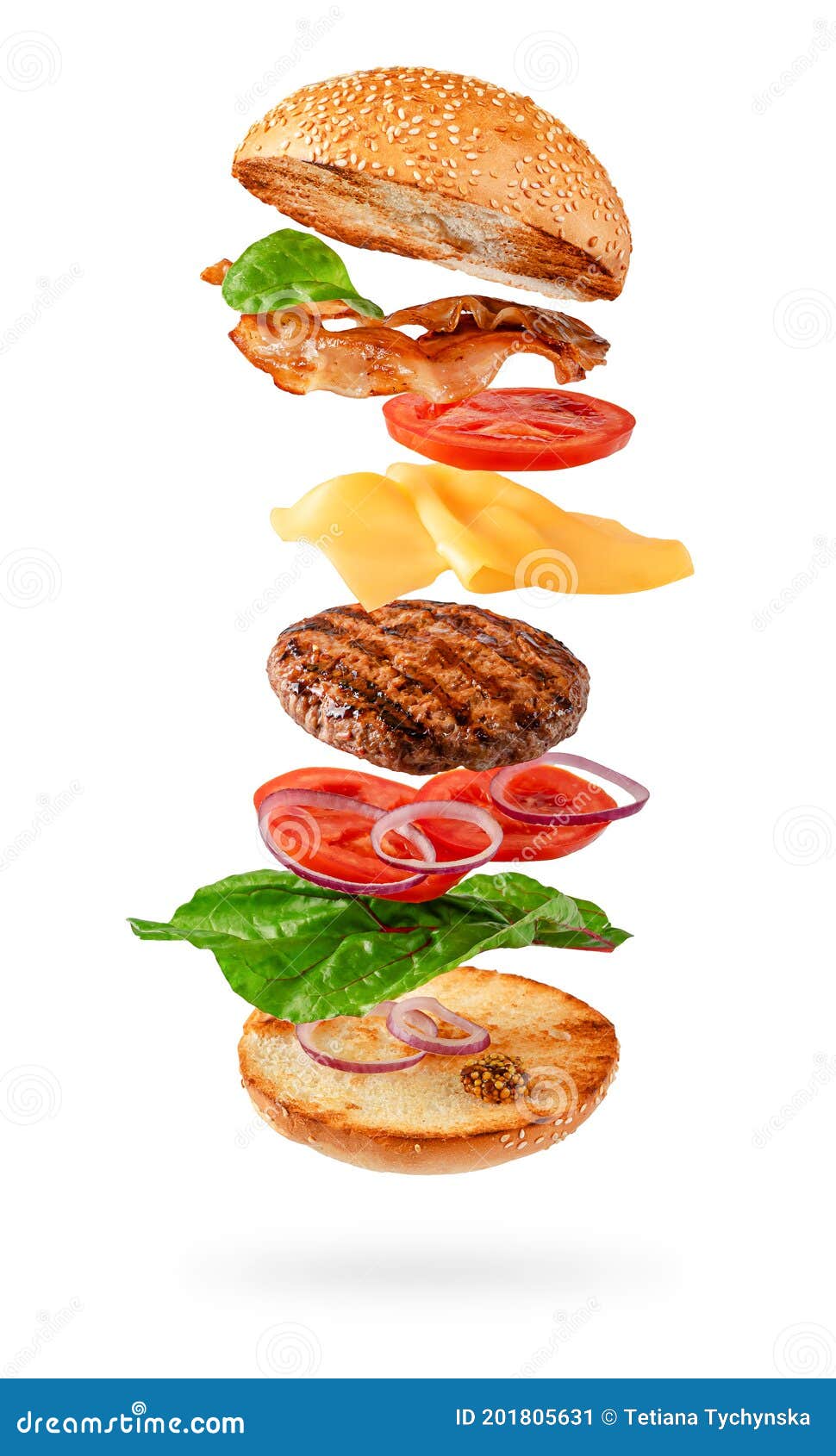 Maxi Burger Preparation with Flying Ingredients Isolated on White ...