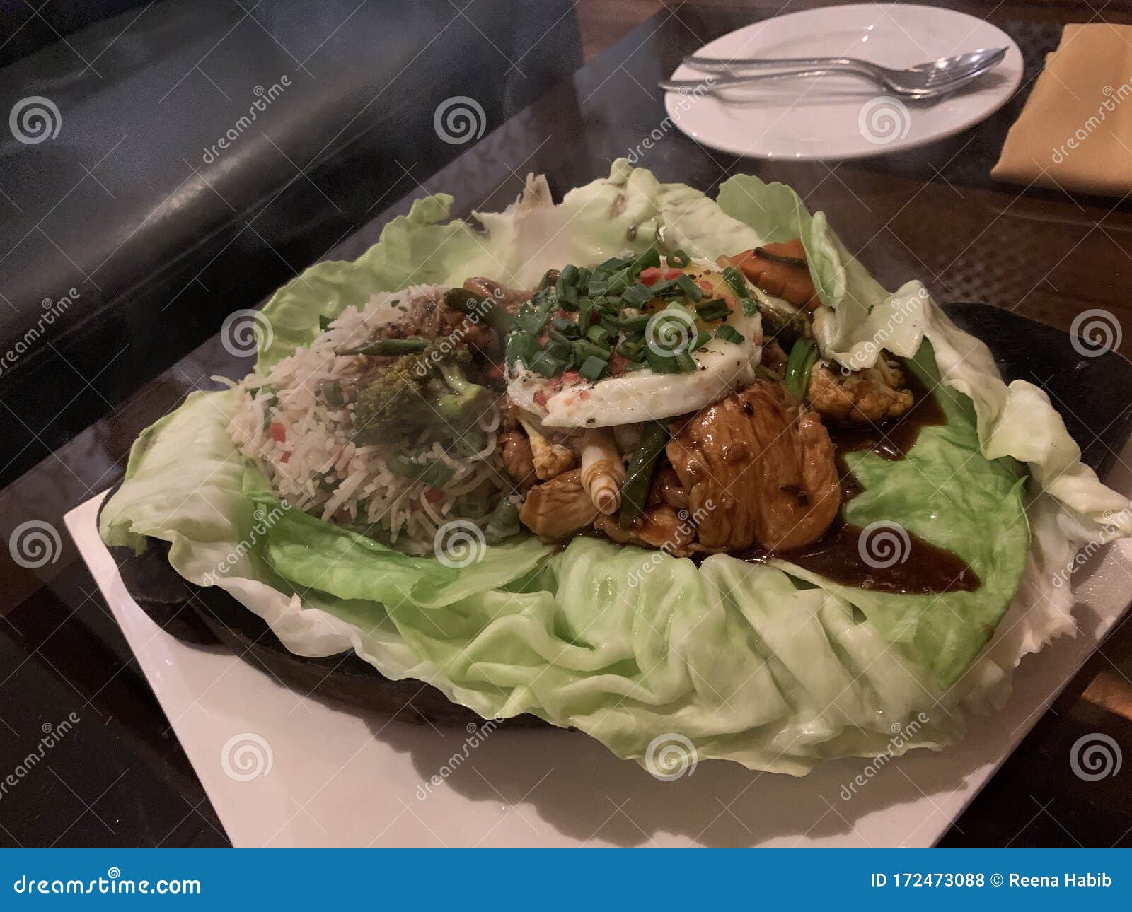 Maxican Chicken Sizzler with Fried Rice and Vegetable Salad Stock Photo ...