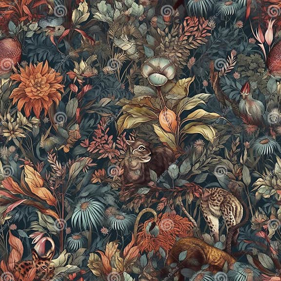 Maximalism Style Botanical and Animals Seamless Pattern, Created with ...