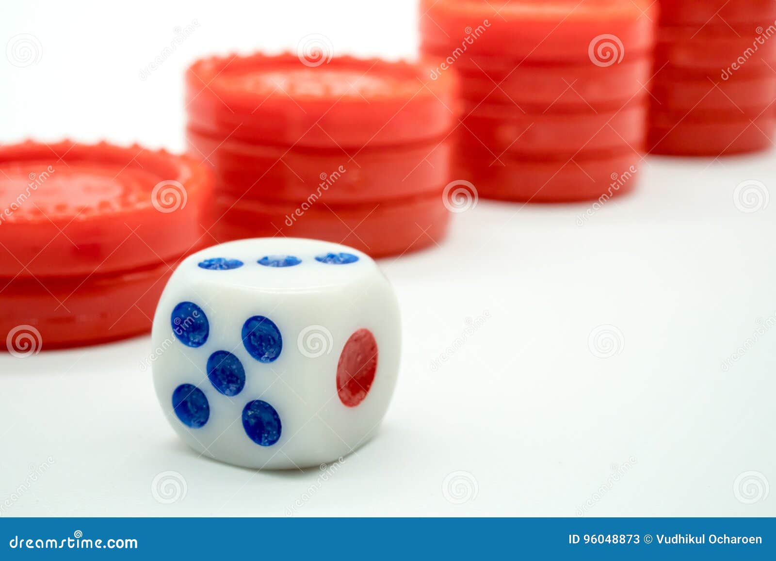 A Maximum Number of Dice Facing Up Against Red Coin Rising Stack Stock ...