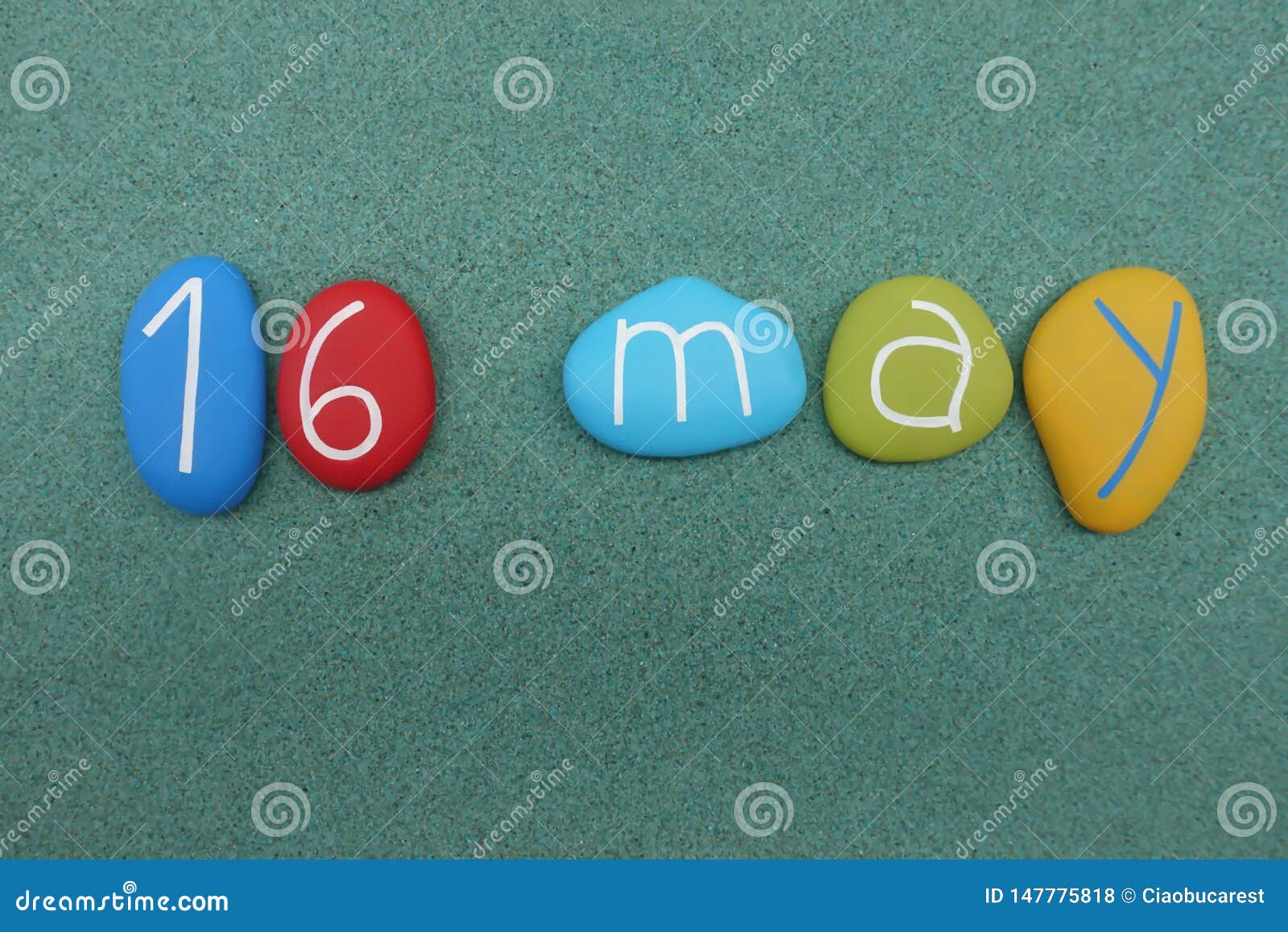 16 May, Calendar Date Composed with Multi Colored Stones Over Green ...