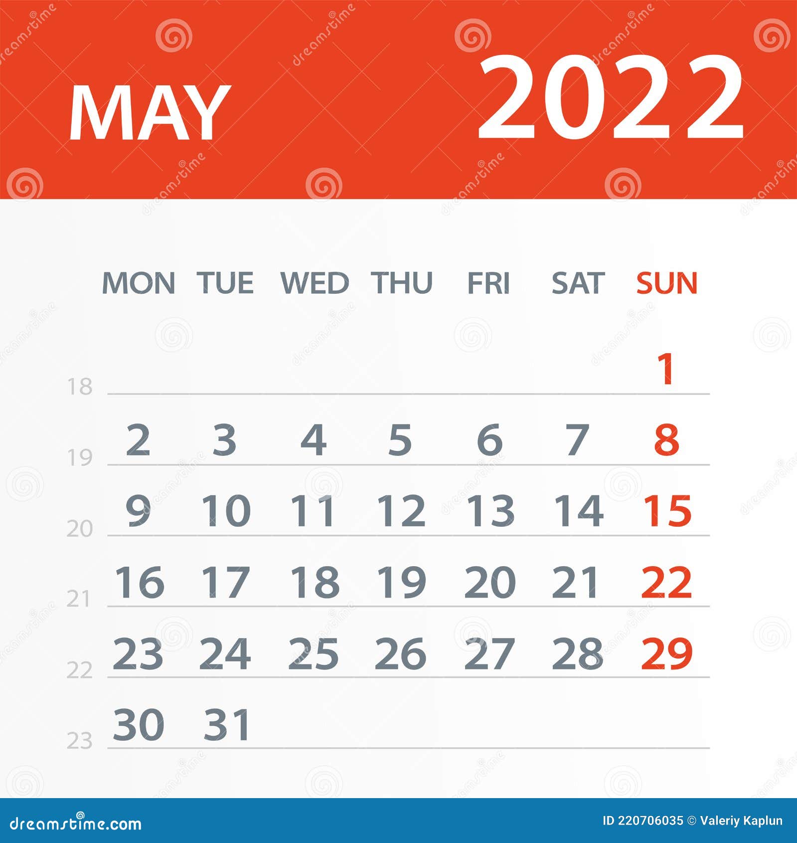May 2022 Calendar Leaf - Vector Illustration. Week Starts on Monday ...