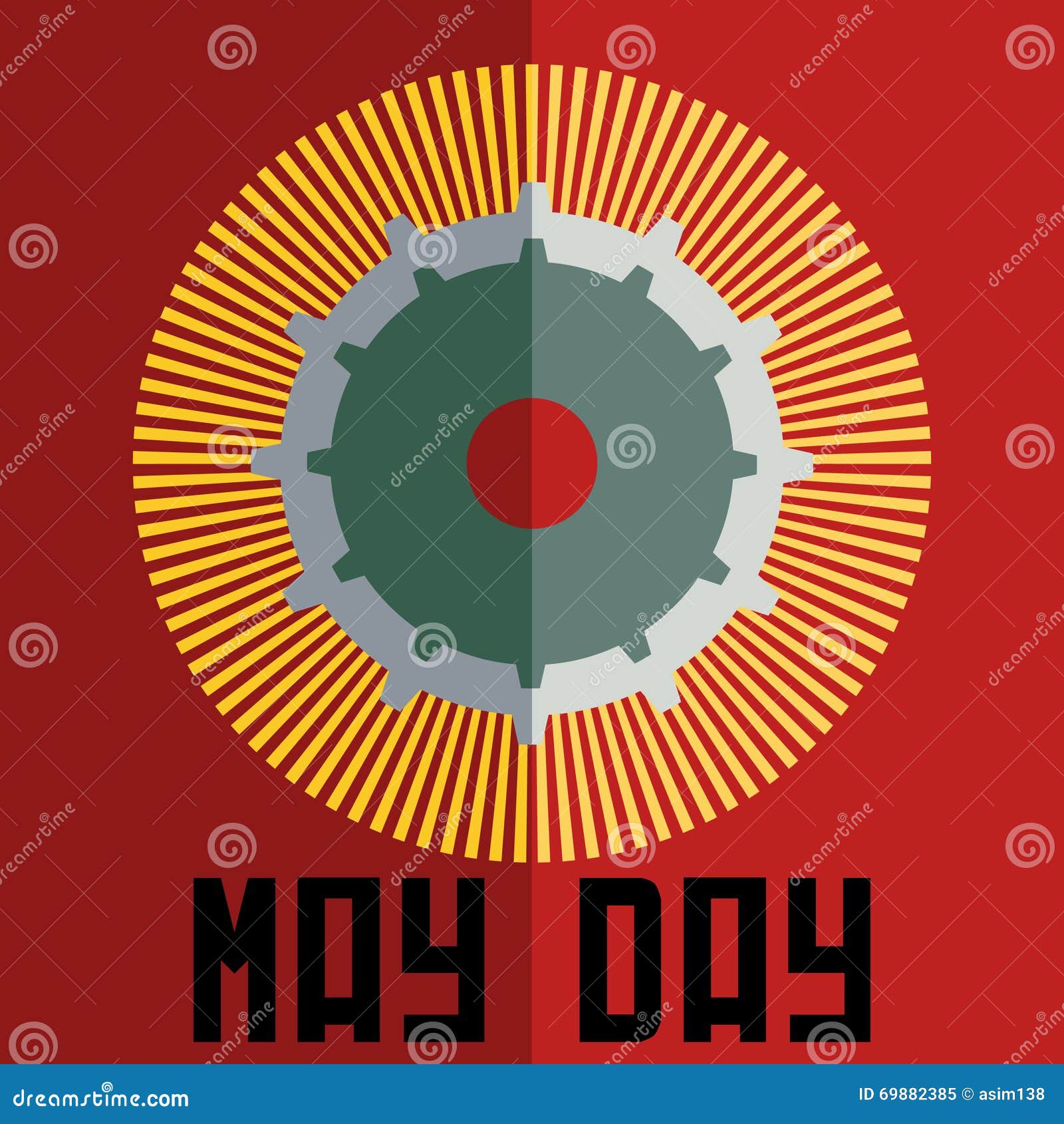 May Day Minimal Vector Concept with Gears and Sunburst Stock Vector ...