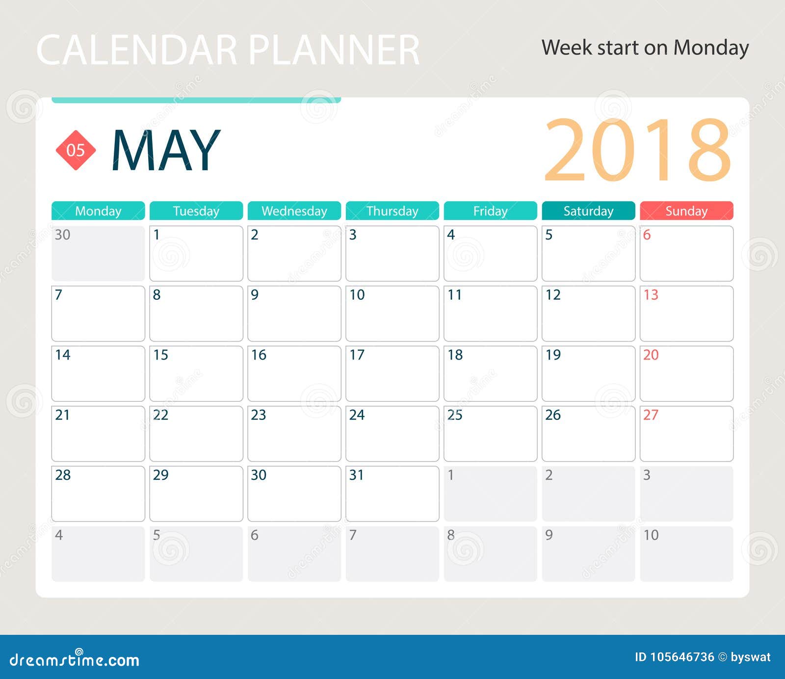 MAY 2018, Illustration Vector Calendar or Desk Planner, Weeks Start on ...