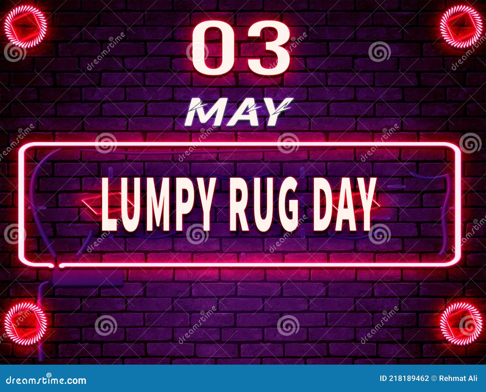 03 May, Lumpy Rug Day. Neon Text Effect on Bricks Background Stock ...