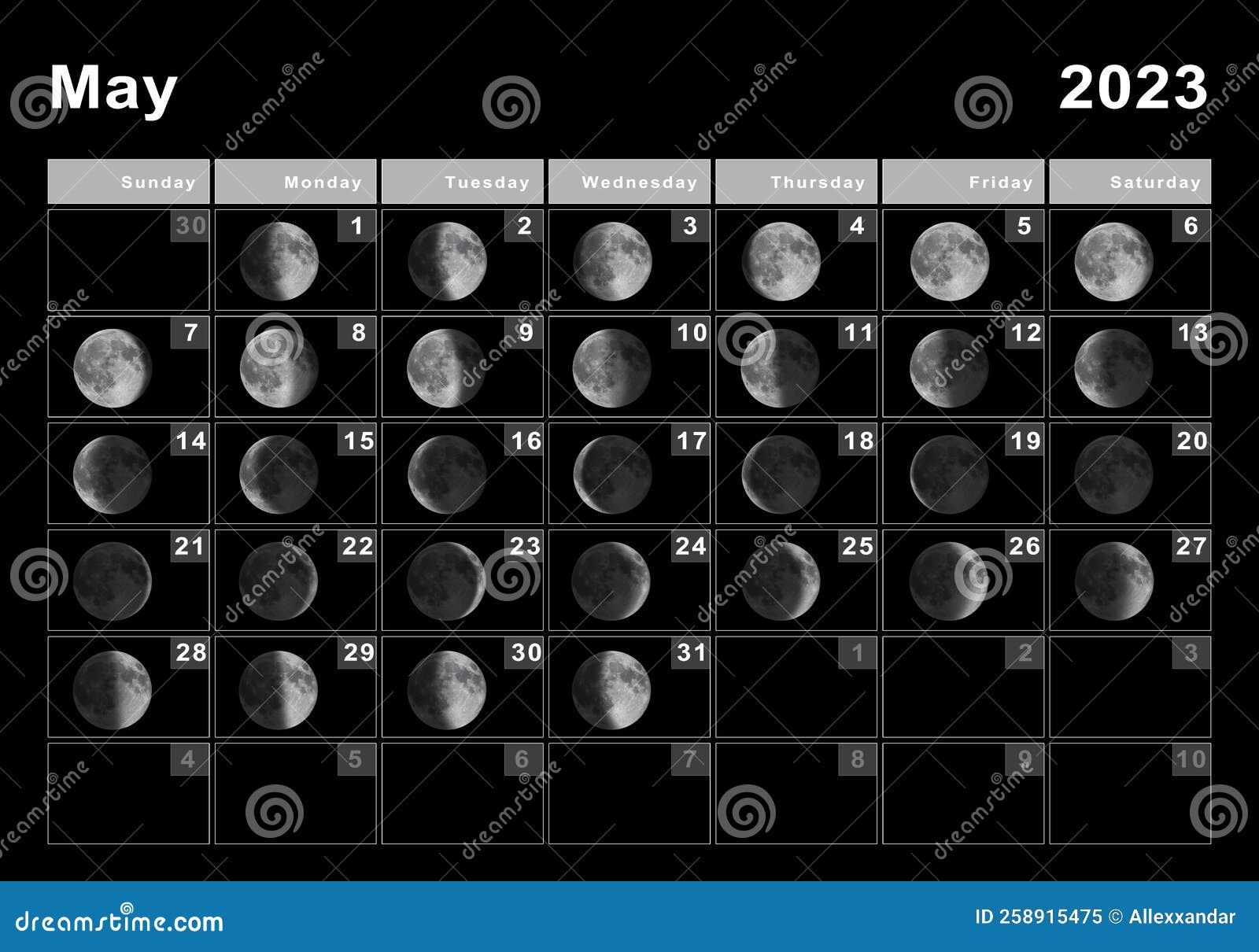 May 2023 Lunar Calendar, Moon Cycles Stock Illustration - Illustration ...
