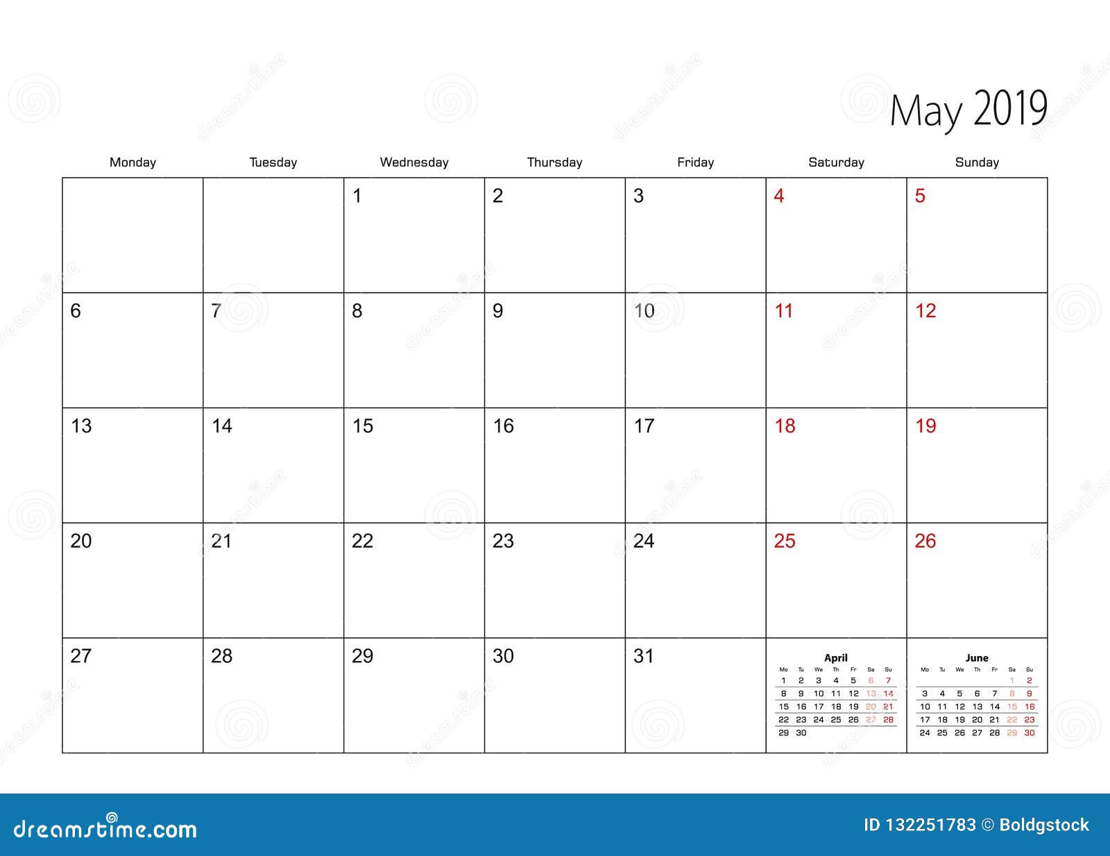 May 2019 Simple Calendar Planner, Week Starts from Monday Stock Vector ...