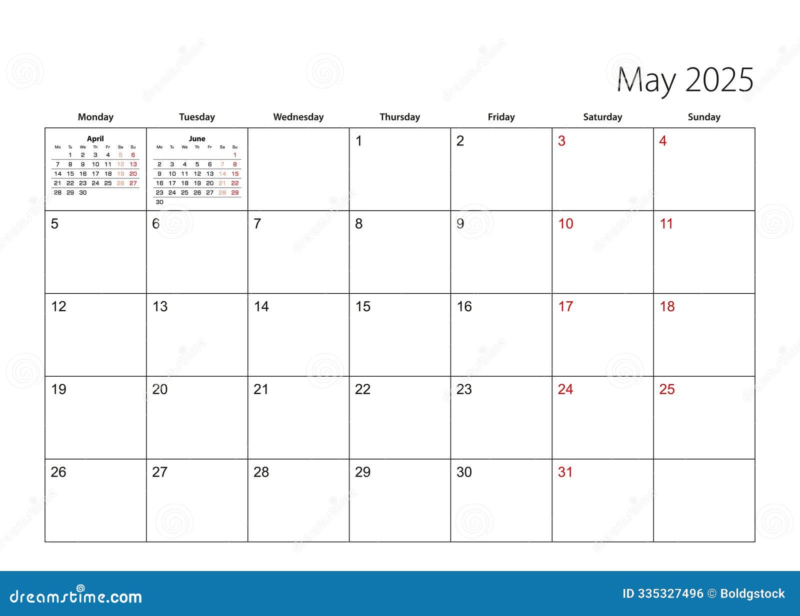 May 2025 Simple Calendar Planner, Week Starts from Monday Stock Vector ...