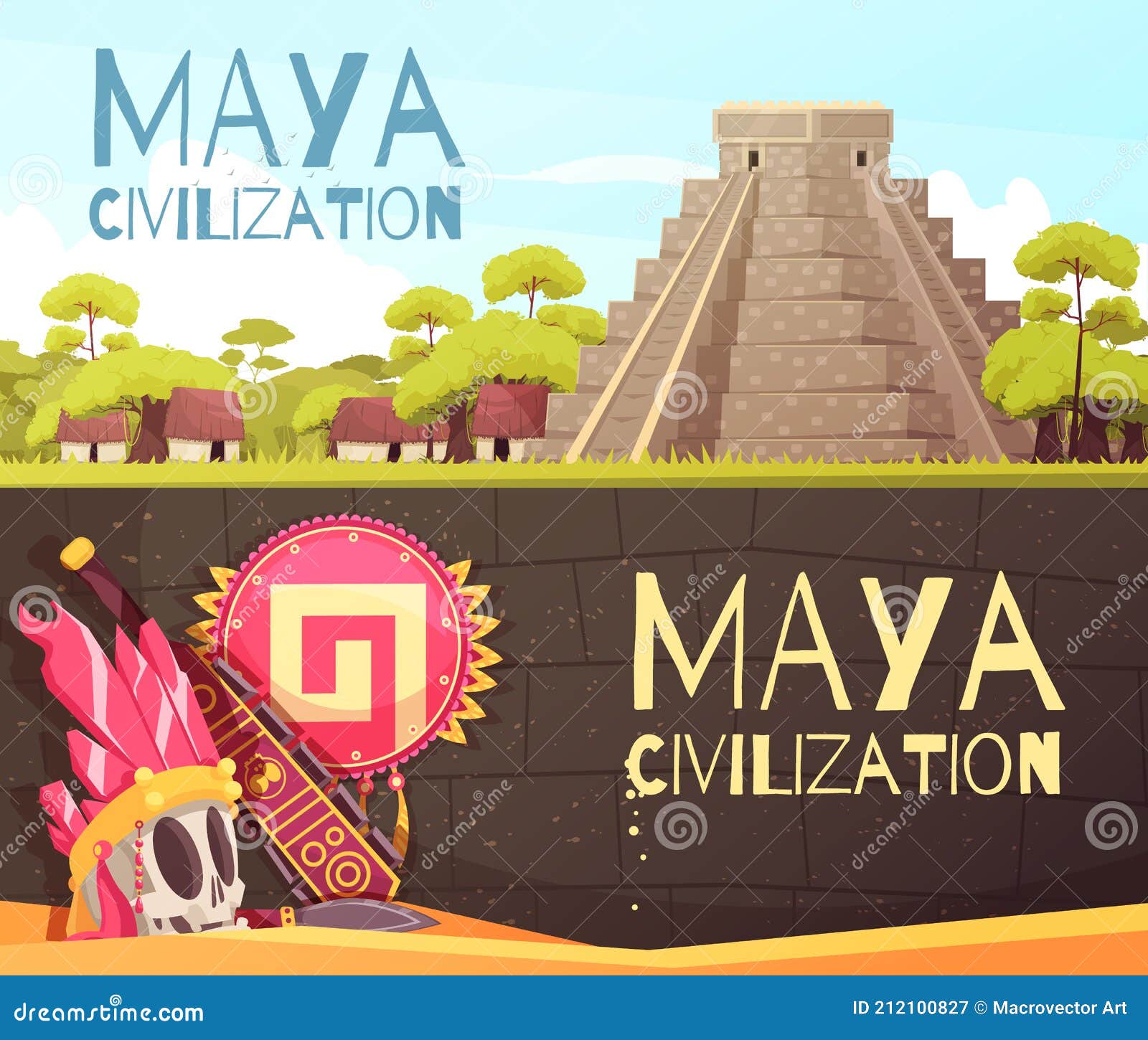 Maya Cartoon Character With A Typical Sacred Temple. Vector ...