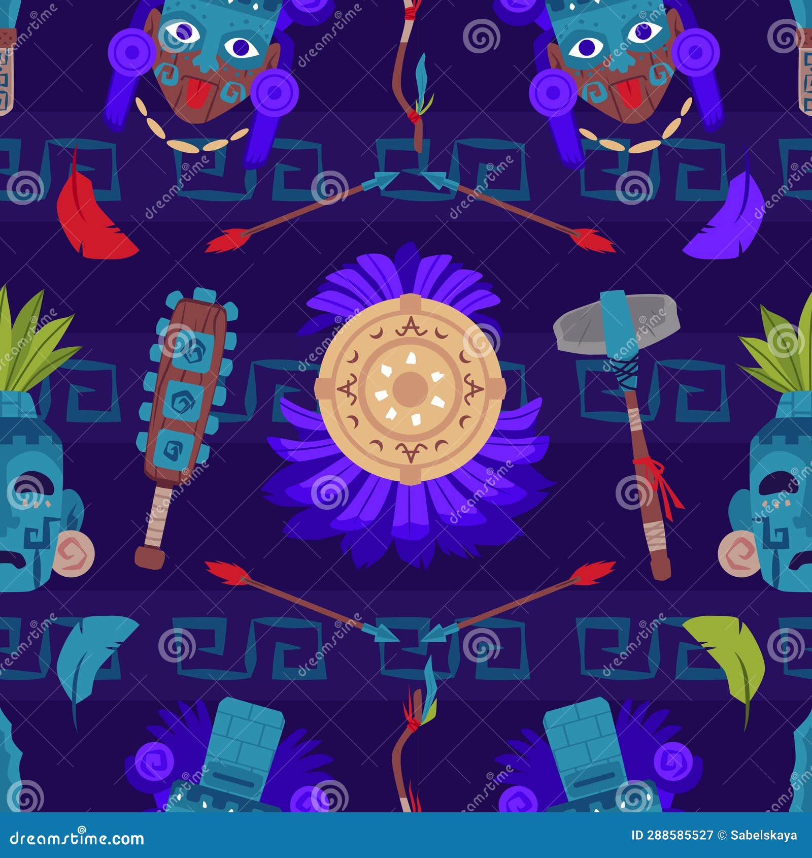 Maya Civilization Attributes Seamless Pattern, Flat Vector Illustration ...