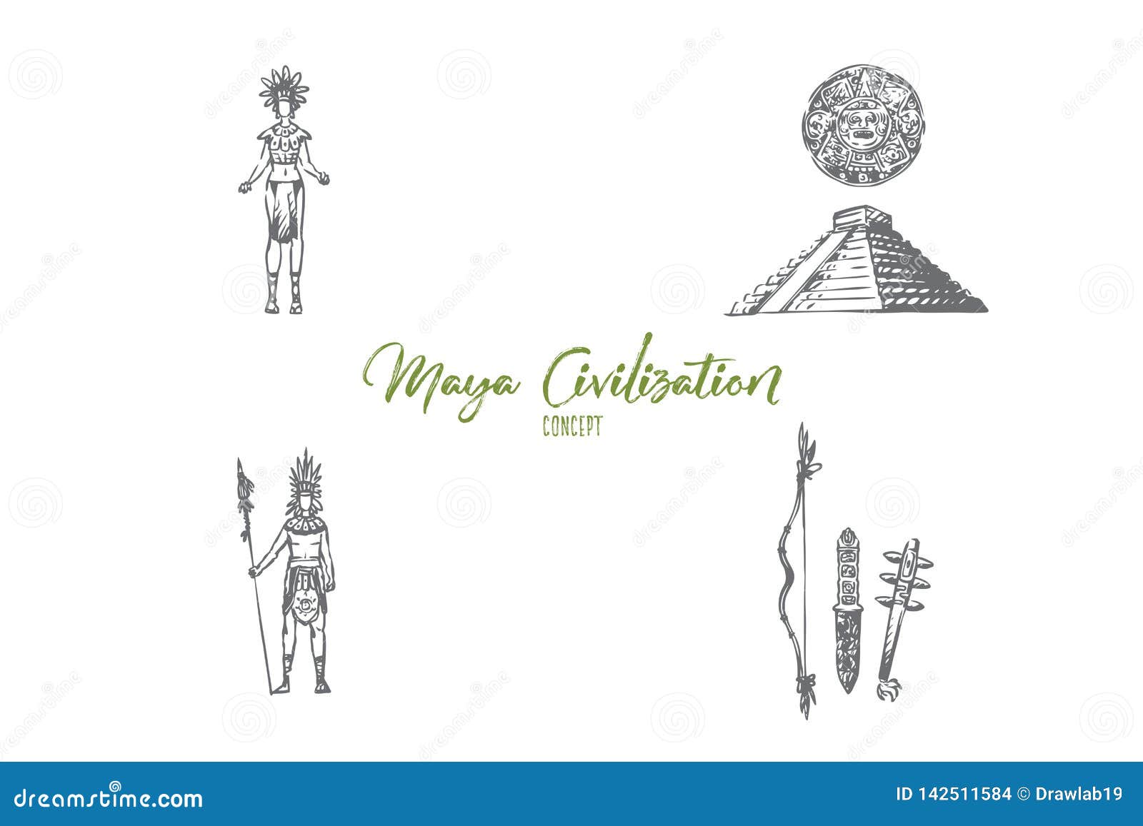 Maya Civilization - Maya People, Tools and Pyramid Vector Concept Set ...