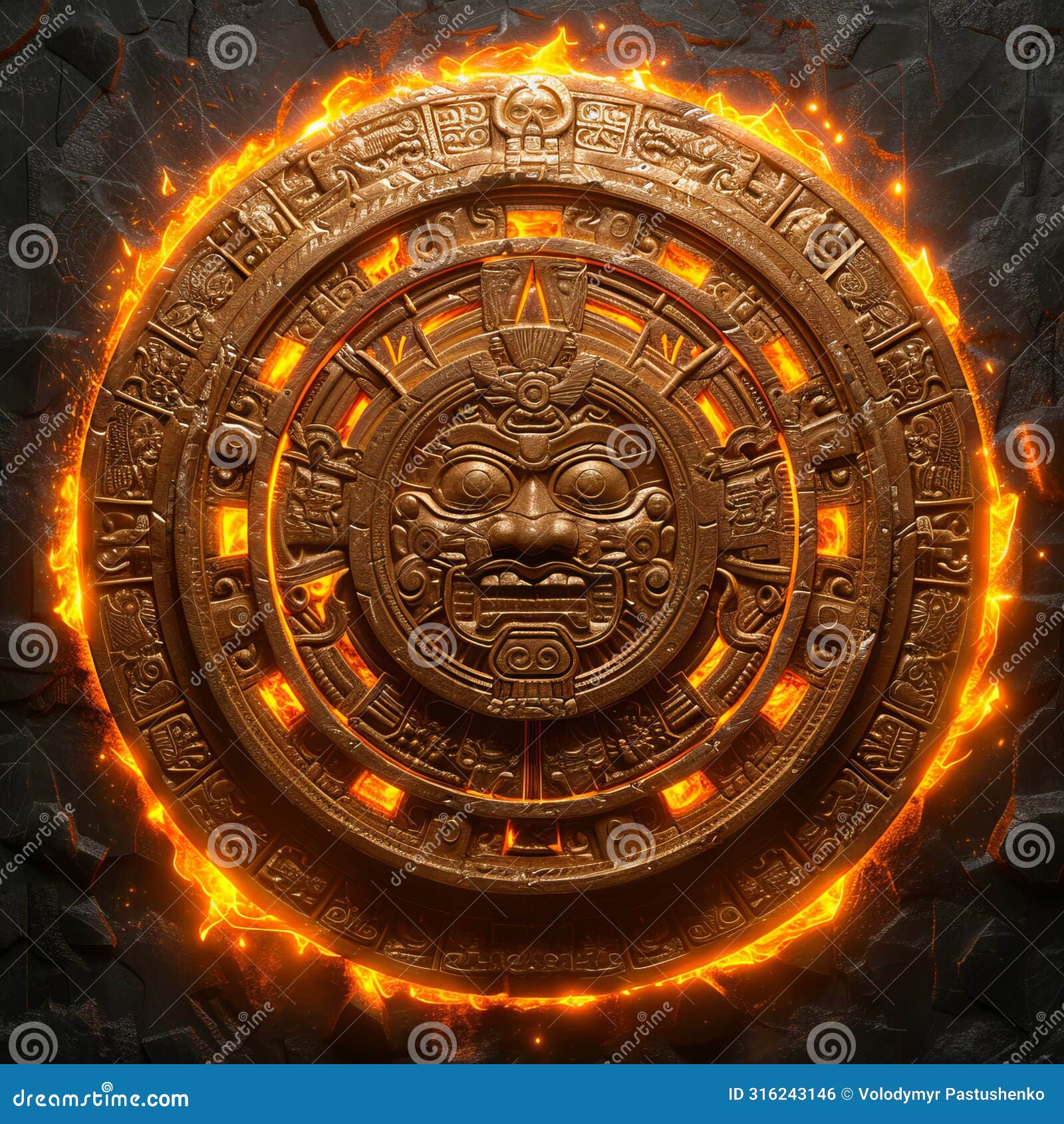 A Mayan Calendar with Fire on it Stock Photo - Image of deity, flame ...