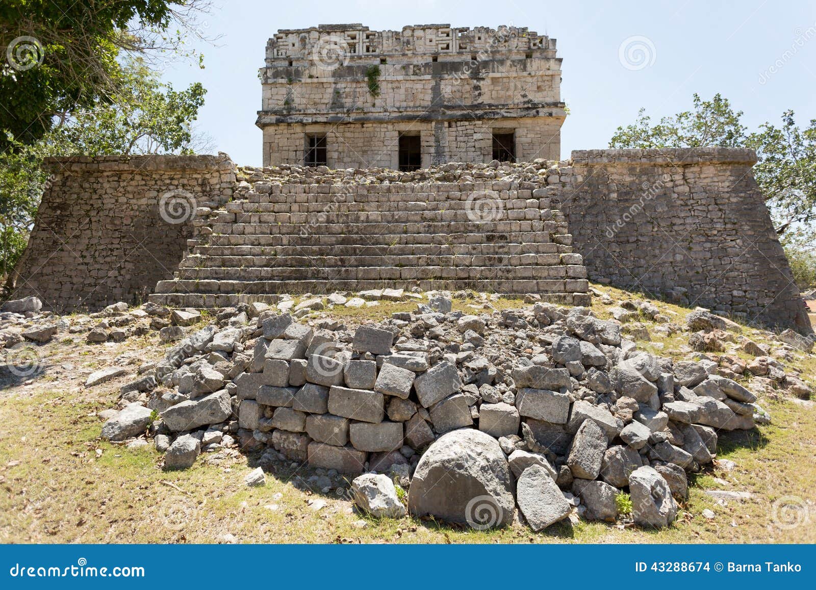 Mayan Ruin with Pile of Fallen Blocks in Front Stock Photo - Image of ...