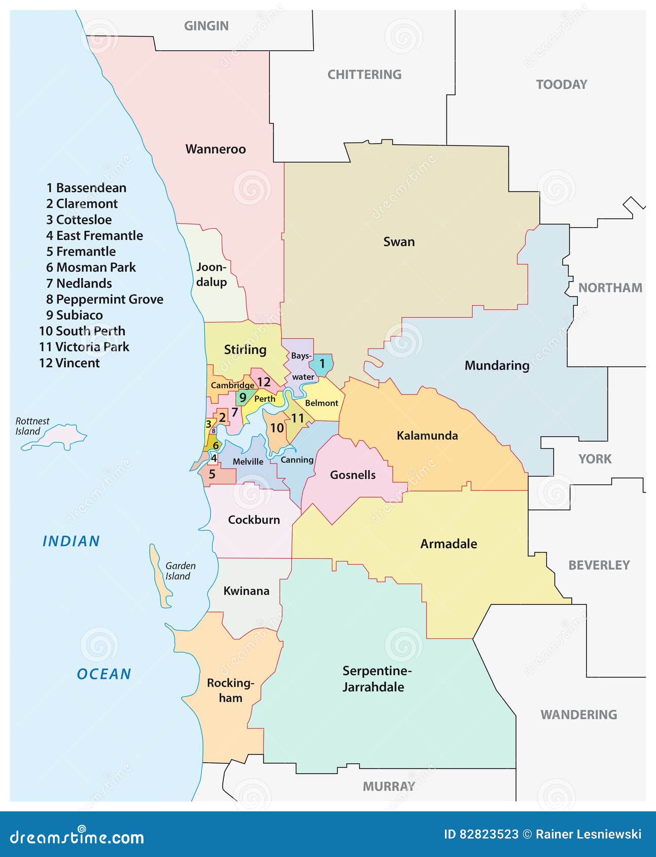 Mayor Mapa Administrativo De Perth, Australia Ilustración del Vector ...