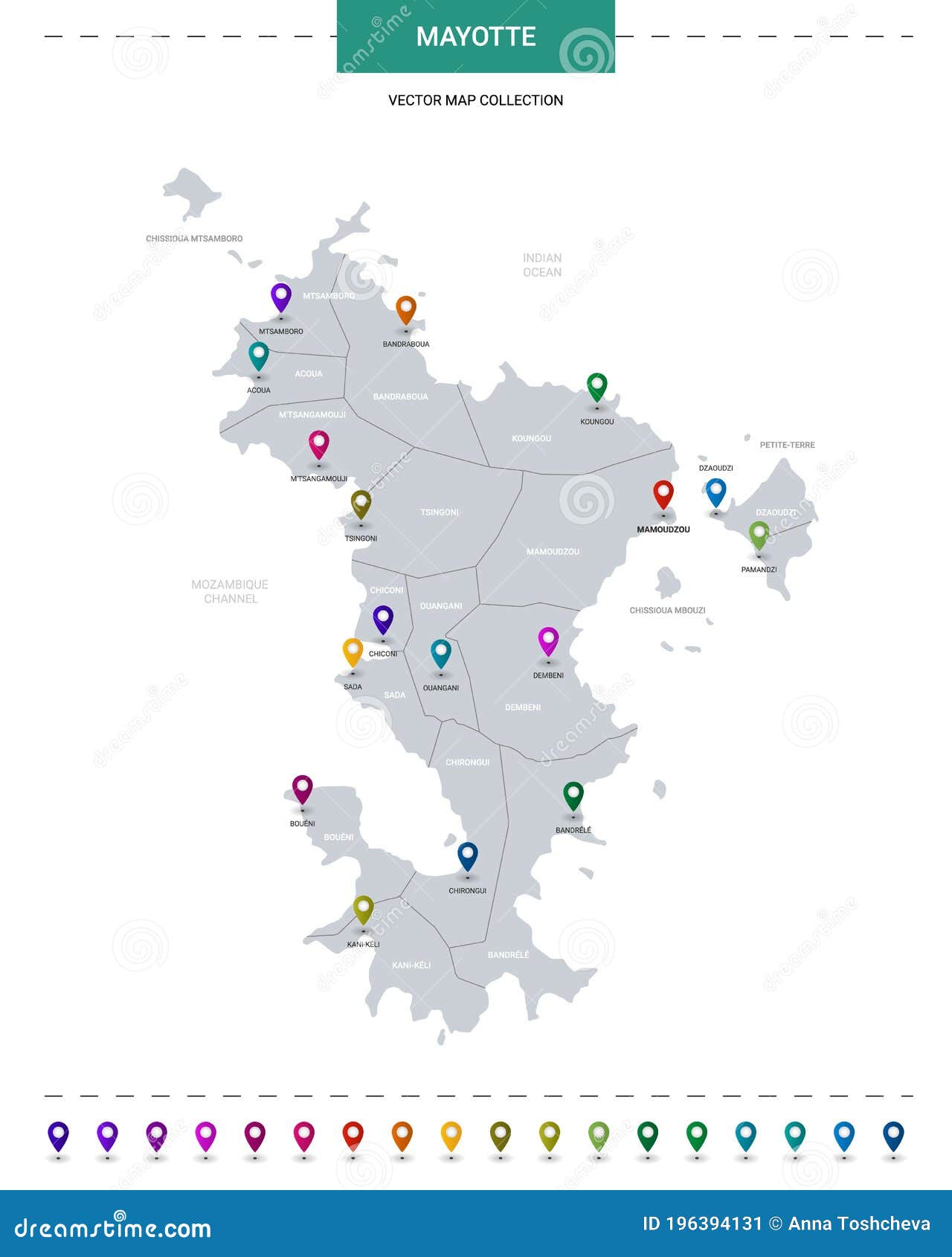 Mayotte Map with Location Pointer Marks. Stock Vector - Illustration of ...