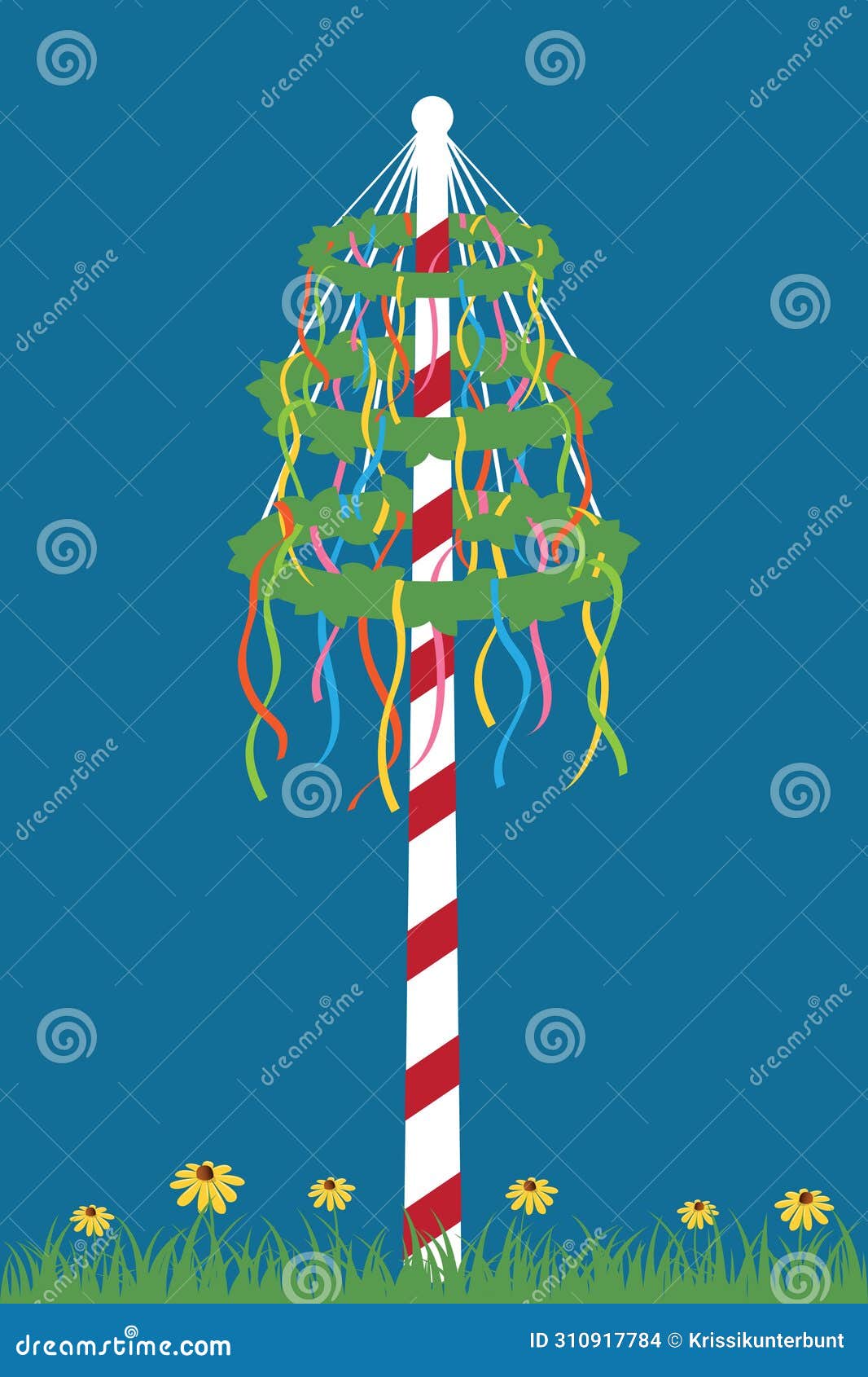 Maypole with Colorful Ribbons on Blue Sky Background Stock Vector ...
