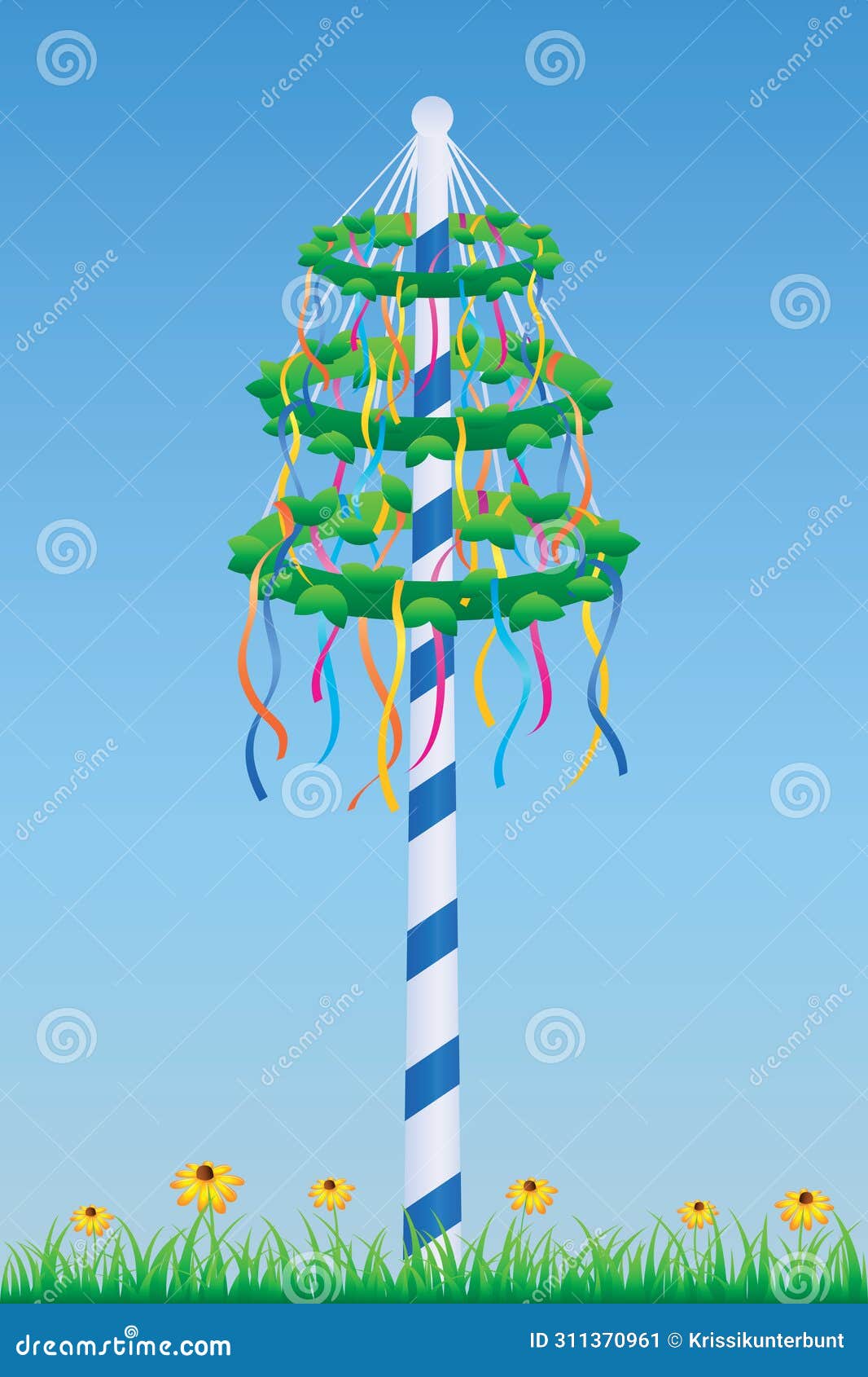 Maypole with Colorful Ribbons on Blue Sky Background Stock Vector ...