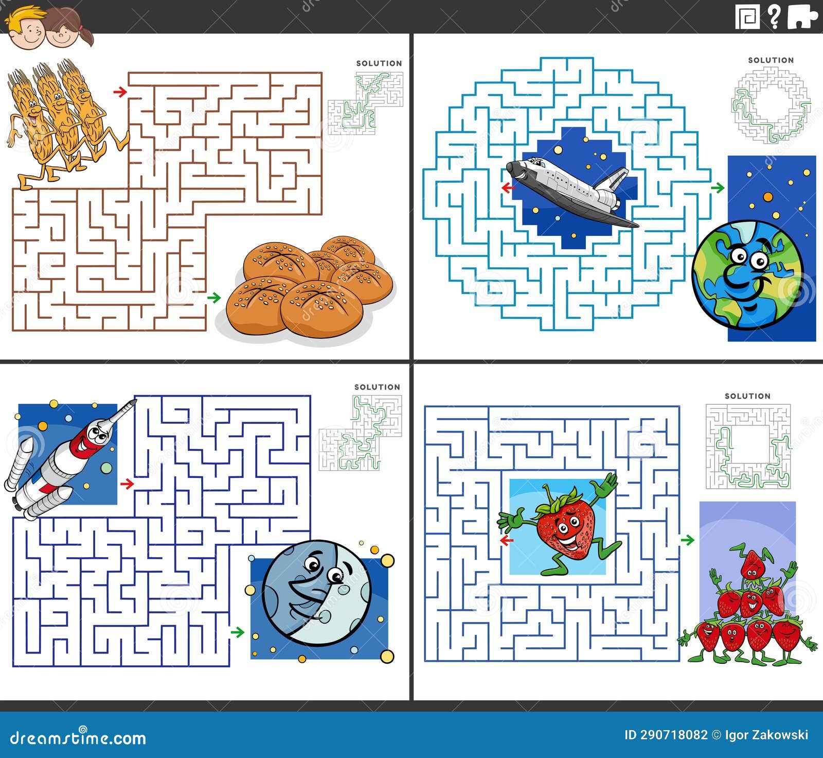 Maze Activities Set with Funny Cartoon Characters Stock Vector ...