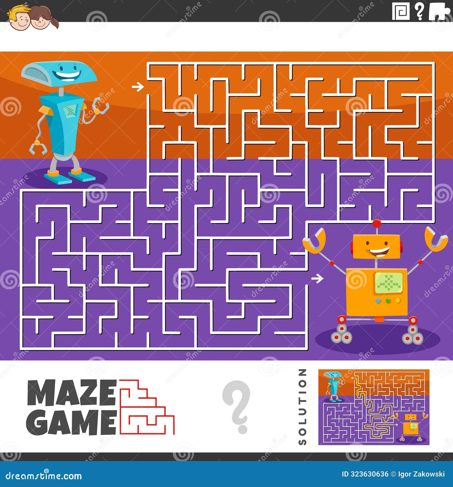 Maze Activity Game with Cartoon Robots Characters Stock Vector ...